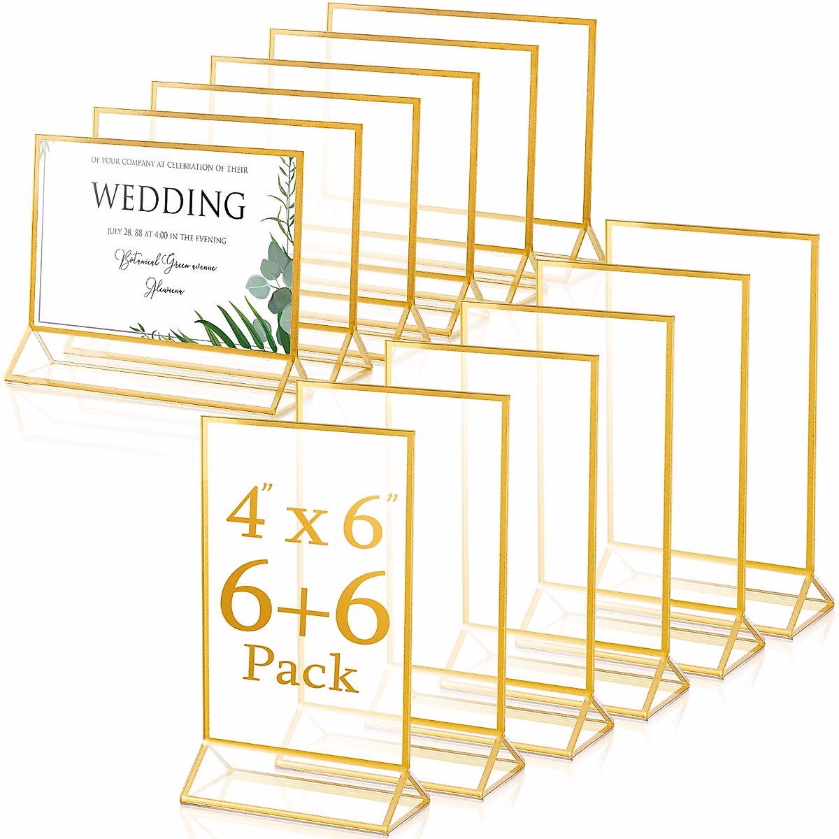 12 Pieces Gold Frames Clear Acrylic Sign Holder Double Sided Menu Display Stand with Gold Borders 2mm Table Number Holder for Wedding Recipe Cards Photo Display(Horizontal Vertical,4 x 6 Inch)