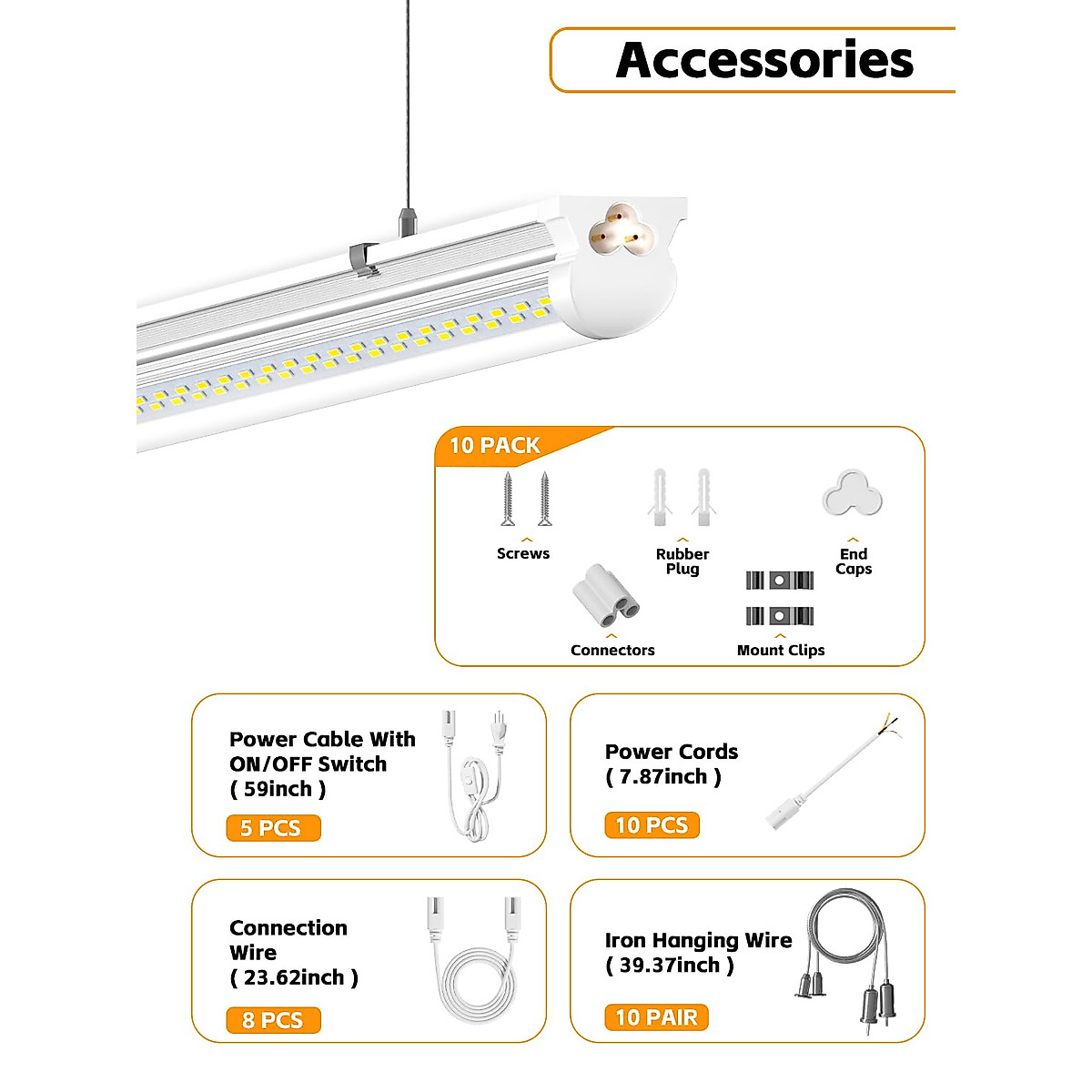 ONLYLUX LED Shop Light 8ft 6000K White 100W, 15000lm Workshop led Light V Shape, Plug and Play, Hanging/Surface Mount Install, 8 Foot led Lights for Garage,10 Pack