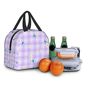 Plumeria Purple Lilac Violet Flower On Purple Plaid Lunch Box Bento Box Insulated Lunch Boxes Reusable Waterproof Lunch Bag With Front Pocket For School Office Picnic