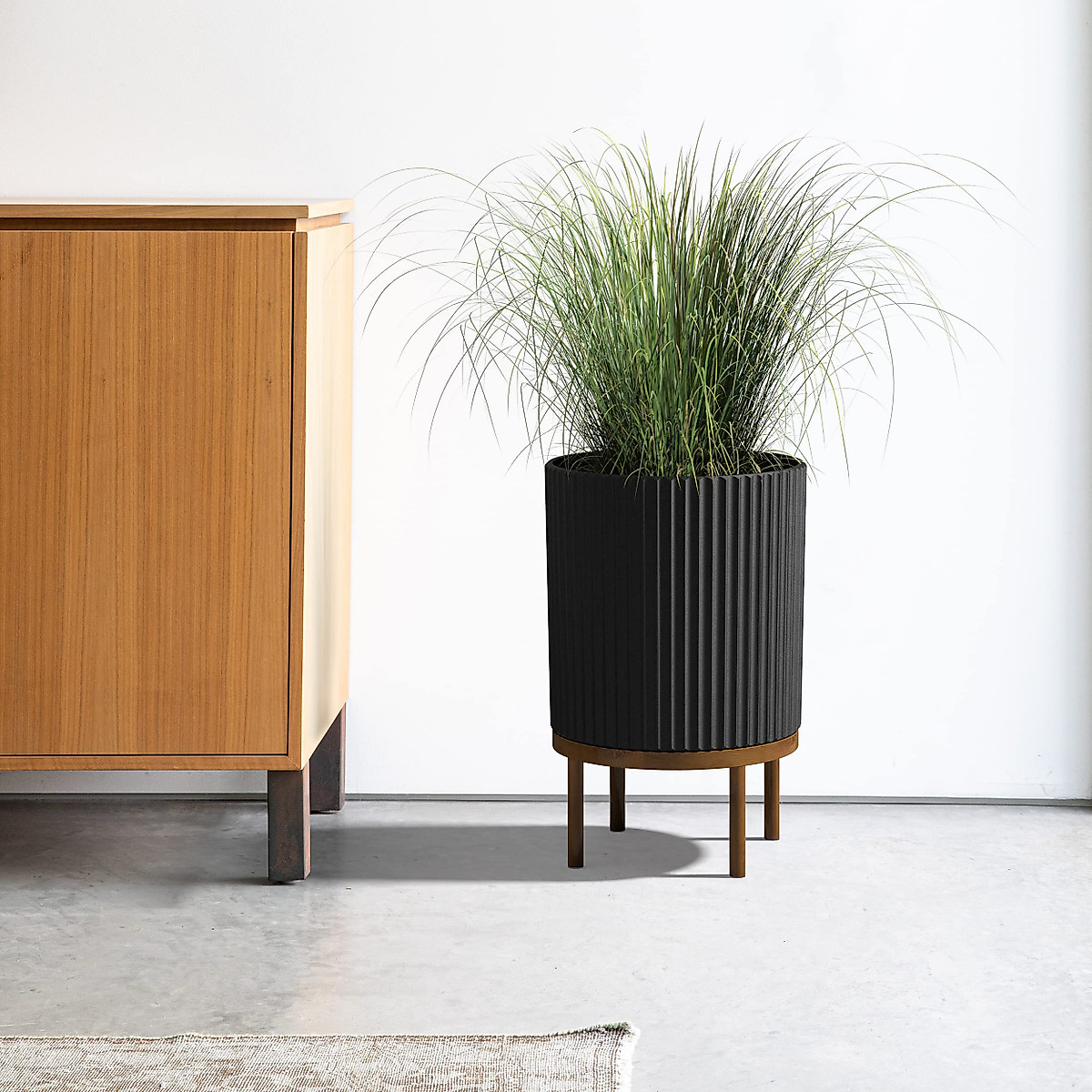 Veradek Demi Series Round Planter w/ Stand for Porch/Patio | Durable Plastic-Concrete & Wooden Stand | Modern Décor for Tall Plants, Flowers