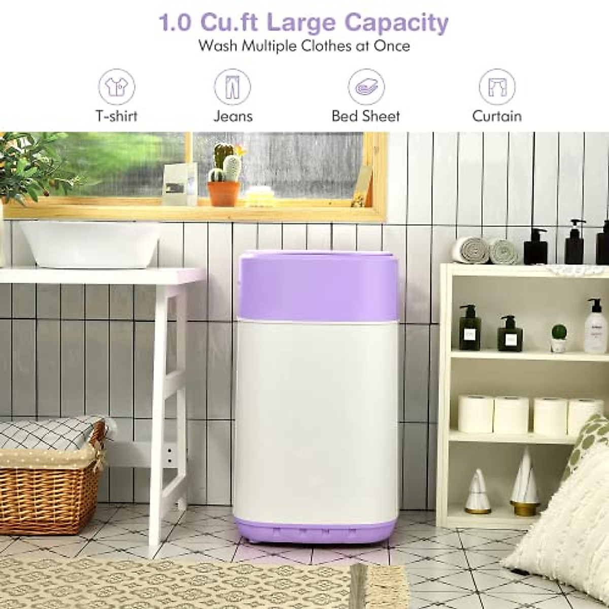 Mayjooy Portable Washing Machine, 8lbs Full-Automatic Washer and Spinner Combo w/6 Programs, 6 Water Levels & Built-in Drain Pump, 2-in-1 Compact Laundry Washer for RV/Dorm/Apt (Purple)