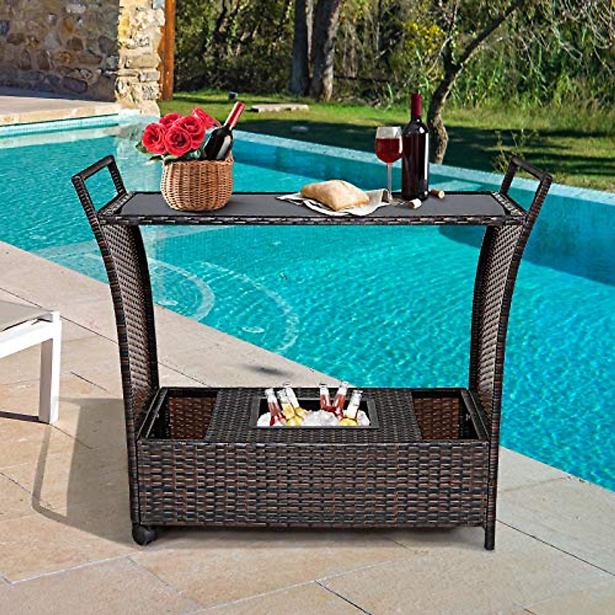 Tangkula Outdoor Wicker Bar Cart, Patio Wine Serving Cart w/Wheels & Removable Ice Bucket, Rolling Rattan Beverage Bar Counter Table w/Glass Top for Porch Backyard Garden Poolside Party, Mix Brown