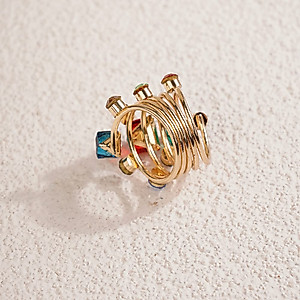 Jumwrit Gold Knuckle Ring Spiral Wrap Twist Ring Colorful Rhinestone Ring Open Finger Ring with Square Trendy Ring for Women Girls