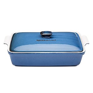 ROSSALLINI Stoneware Casserole Dish Bakeware Set with Lid, Covered Rectangular Dinnerware, Extra Large 4.23 Quart, 13 by 9 Inch, Blu Indaco [Reactive Blue]
