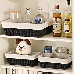 Vagusicc Storage Basket, Set of 2 Foldable Cube Hand-Woven Paper Rope Wicker Baskets 11 inches + Set of 3 Woven Paper Rope Wicker Handles Baskets for Storage with Liners