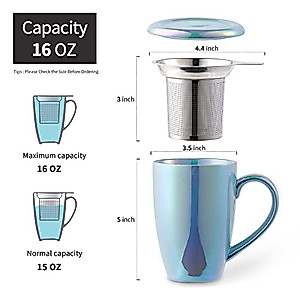 Jemirry Tea Cup with Infuser and Lid, Ceramic Cup with Lid, Tea Cup Tea Mug for Tea Lover, Porcelain Tea Strainer Cup, Tea Infuser Cup with Infuser Basket and Lid - Blue