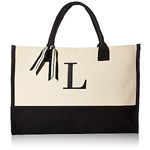 Mud Pie Classic Black and White Initial Canvas Tote Bags (L), 100% Cotton, 17" x 19" x 2"