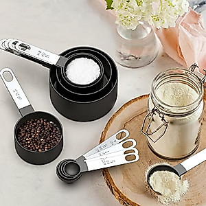PanderHecop Measuring Cups and Spoons Set, 10 Piece Stackable Stainless Steel Handle Accurate Tablespoon for Measuring Dry and Liquid Ingredients Small Teaspoon with Plastic Head (10, Black)