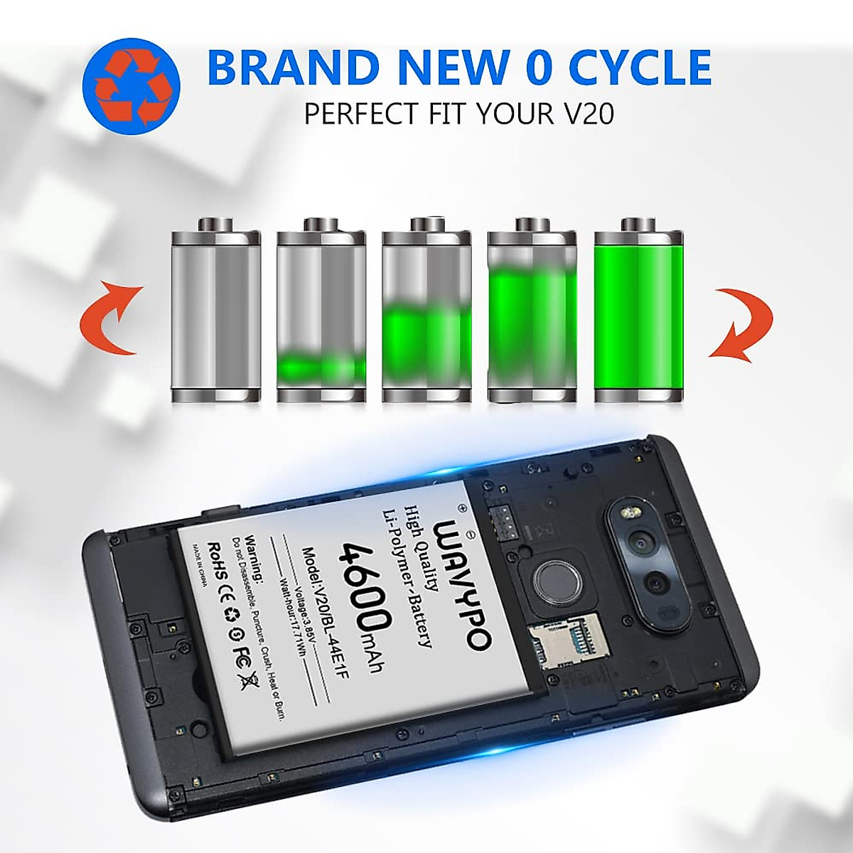 WAVYPO Battery for LG V20 Battery, [4600mAh] Upgraded BL-44E1F Replacement Battery for LG V20 BL-44E1F, V20 BL-44E1F / LG V20 Battery for LG H910 H918 V995 LS997 | LG V20 Spare Battery