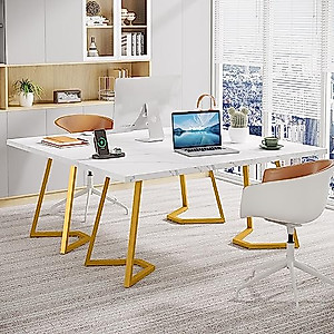 Tribesigns Computer Desk Home Office: White and Gold 55 Inches Office Table with Metal Legs, Modern Faux Marble Study Desk for Writing, Simple Desk for Home Office