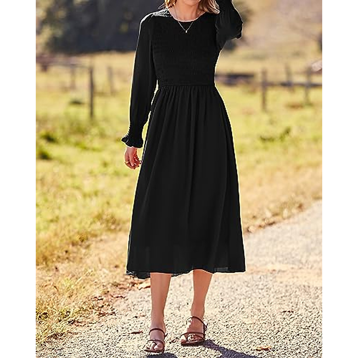 dowerme Women Casual Petal Long Sleeve Crewneck Smocked A-Line Flowy Solid Maxi Dress Fall Winter Party Cocktail Dresses(Solid Black,Large)