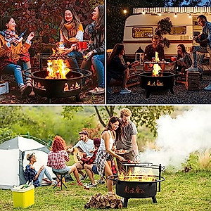 Fire Pits for Outside, Wood, Bonfire Pit, 30 Inch Round Cast Iron Fire Pit with Grill for Patio, Backyard with Spark Screen, Fire Poker and Metal Grate, Forest Cutout Pattern