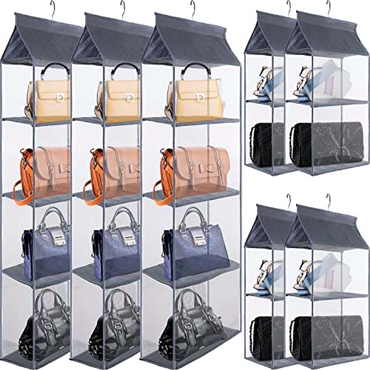 7 Pcs Hanging Purse Organizer for Closet, 3 Pcs 4-Shelf Closet Purse Shelf Hanger and 4 Pcs 2-Shelf Handbag Organizer, Breathable Mesh Purse Storage Organizer Bag Holder for Wall Closet Wardrobe