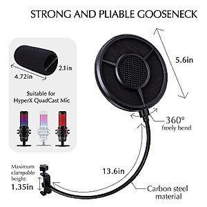 SUNMON Mic Pop Filter with Windsrceen Foam Cover,Compatible with HyperX QuadCast,6 Layered Wind Pop Screen with Flexible 360° Gooseneck Clip Stabilizing Arm for Improve sound quality,Noise reduction