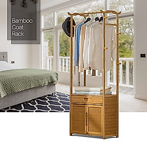 MoNiBloom Bamboo Free Standing Closet Organizer with Drawer, Clothing Rack with 1 Shelf, 1 Hanging Rods, 8 Hooks & Storage Cabient for Bedroom Living Room Office, Natural