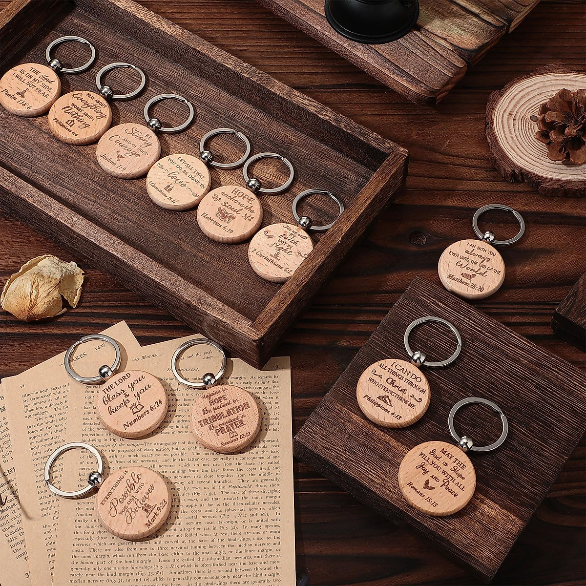 Siifert 60 Pcs Christian Keychain Bulk Religious Bible Verse Inspirational Wooden Quotes Keychain for Women Men Church(Vivid Style)