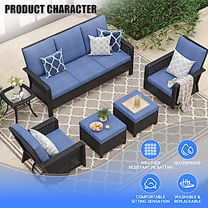 KICOFI 6 PCS Patio Furniture Set, All Weather Rattan Outdoor Furniture Set with Swivel Chairs, Ottomans and Side Table, Patio Conversation Set for Backyard, Garden, Balcony, Poolside Denim Blue