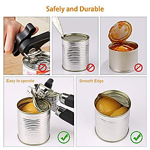 KzGrit Manual Can Opener, Food-Safe Stainless Steel, Smooth Edge, Tin Lids Jar Bottle Caps Openers with Non-Slip Handle and Ergonomic Turning Knob for Elderly with Arthritis(Black)