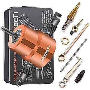 REXBETI Double Headed Sheet Metal Nibbler, Drill Attachment Metal Cutter with Extra Punch and Die, 1 Cutting Hole Accessory and 1 Step Drill Bit, Perfect for Straight Curve and Circle Cutting (Gold)