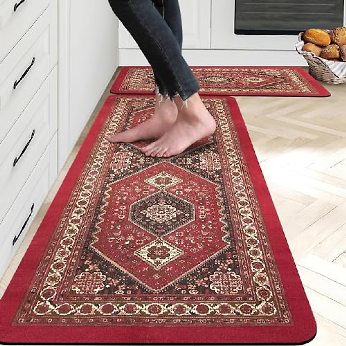 eqivei Kitchen Rugs Sets of 2, Non-Skid Rubber Kitchen Mats for Floor, Boho Kitchen Runner Rugs and Mats Washable, Farmhouse Cushioned Standing Mat for Kitchen, Front of Sink, Laundry（Red）