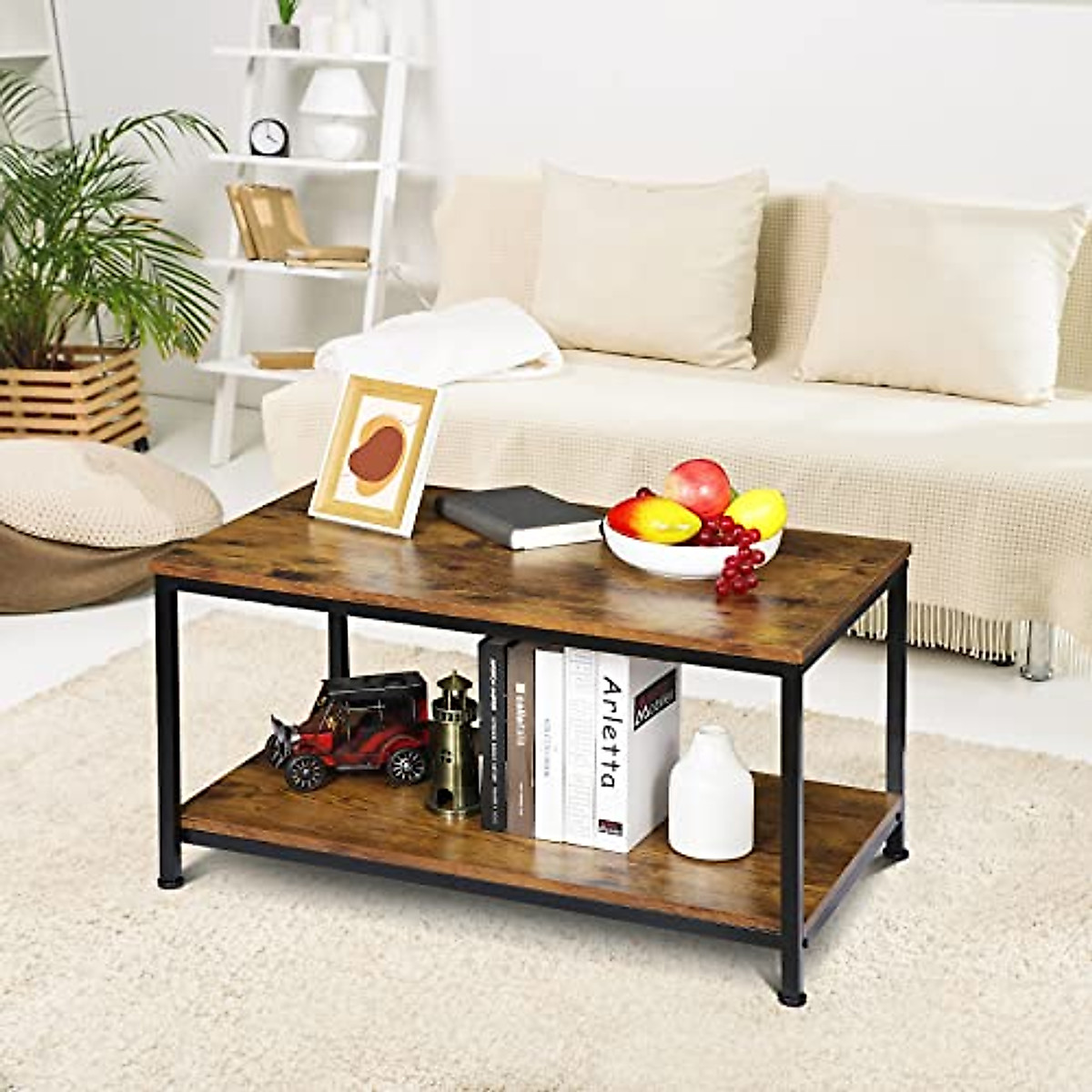 SUPER DEAL 2-Tier Industrial Coffee Table with Storage Shelf for Small Apartment Living Room, Rectangle Wood and Stable Metal TV Stand Side End Table, Retro Brown