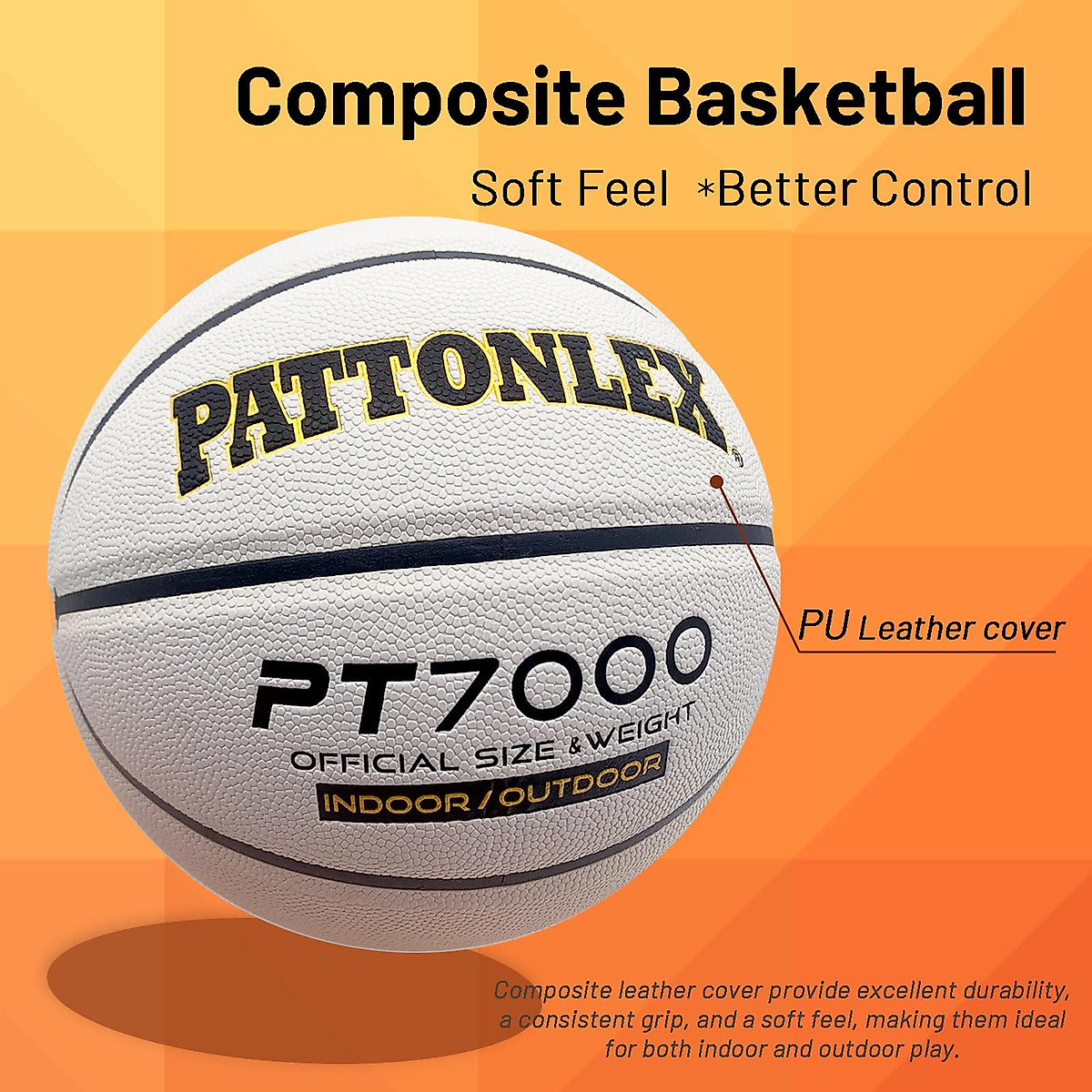 PATTONLEX Basketball - Official Size 7 (29.5") - Composite Leather - Indoor/Outdoor Ball for Men(White)