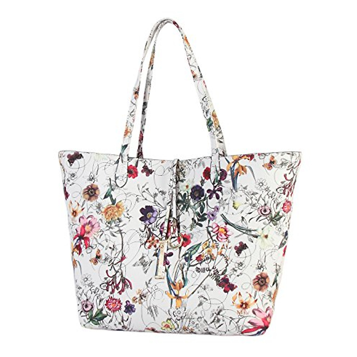DIOPHY PU Leather Colorful Floral Pattern Two Tone Reversible Large Tote Womens Purse Handbag with Matching Crossbody Bag 2 Pieces Set FL-6000 FL-6001 (White exterior-Red interior)