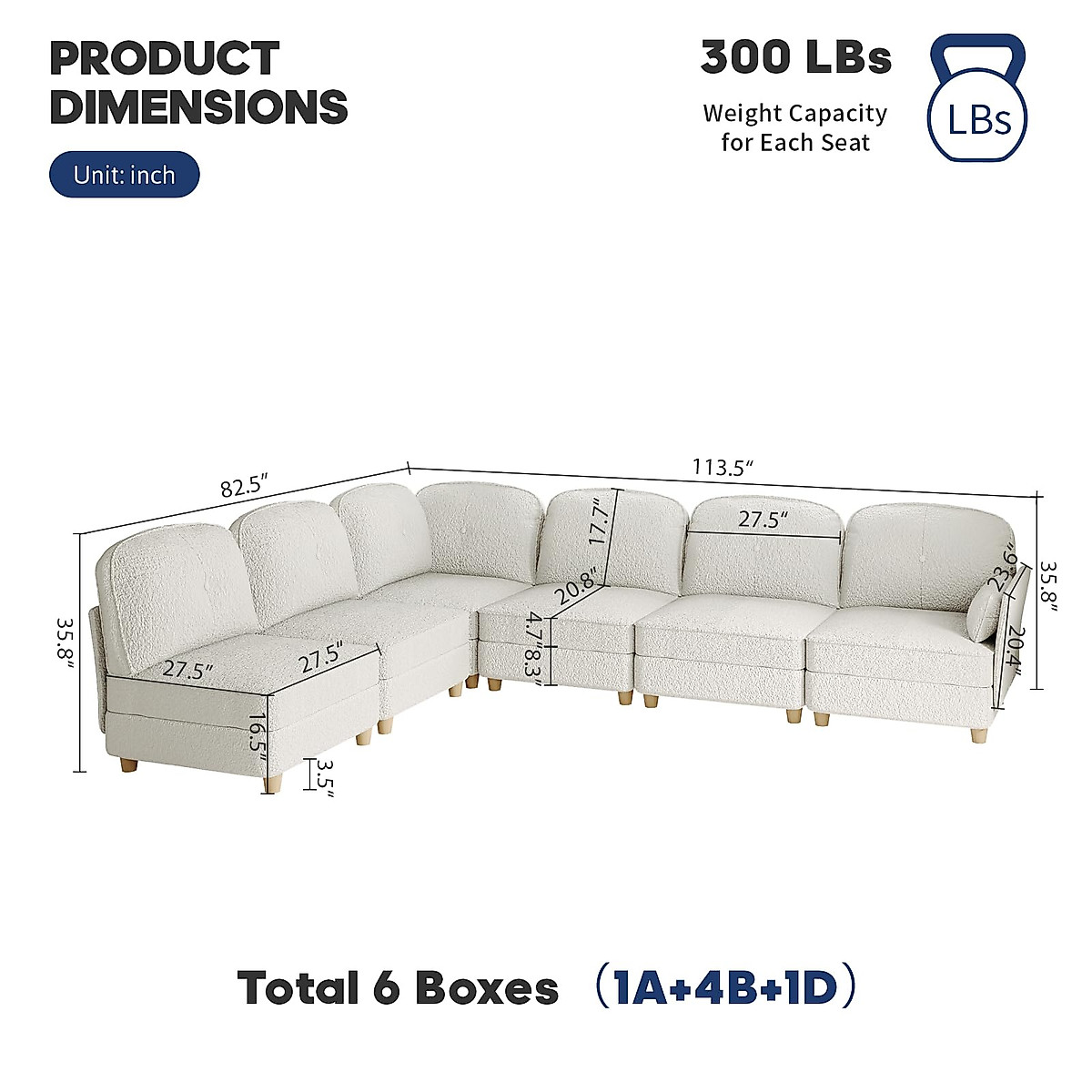 LLappuil Modular Sectional Couch L Shaped Sofa with Storage, Corner Cloud Sofa Sectional for Living Room, 113.5 in Width, 6 Seat Sofa, Teddy Velvet, Beige
