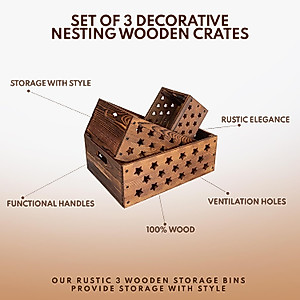 AONEHOME Set of 3 Decorative Nesting Wooden Crates with Handles, Wood Crates for Organizing Home and Kitchen, storage crates, Crates for Decoration, Wooden Crate (Rustic, Rustic Brown)