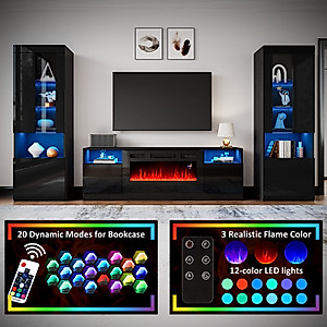 AMERLIFE Fireplace Entertainment Center Set, Includes 70" Fireplace TV Stand & 2 LED Highgloss Bookcases, Modern Storage Cabinets for TVs up to 80", Black