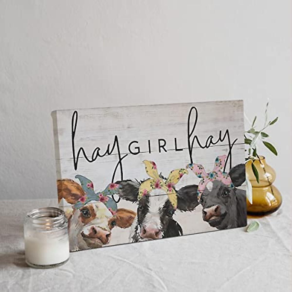 Funny Quote Cute Cows Canvas Wall Art Prints,Hay Girl Hay Wood Texture Paintings Prints,11x14 inches Artwork for Funny Farm Themed Decor Girl Room Farmhouse Bedroom Living Room Home