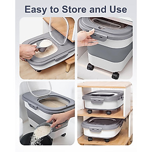 DDMOMMY 20-30Lbs Rice Storage Container,Collapsible Food Storage Containers with Rolling Wheel Airtight Locking Lid,Flour Storage Container with Cup and Scoop,Suitable for Food,Rice,Pet Food,Flour