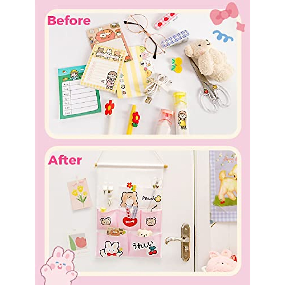 AONUOWE Japanese Cartoon Room Decor Cute Aesthetic Pastel Accessories for Room Decor Kawaii Wall Organizer Hanging Shelves (7 Pockets, Pink)