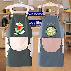 2 Pack Kitchen Cooking Aprons, Waterproof Bib with Large Pockets Hand Wipe Aprons，Adjustable Bib Soft Chef Apron，for Women Men Chef Coveralls Crafting BBQ (Lemon Blue Egg Green Grey)