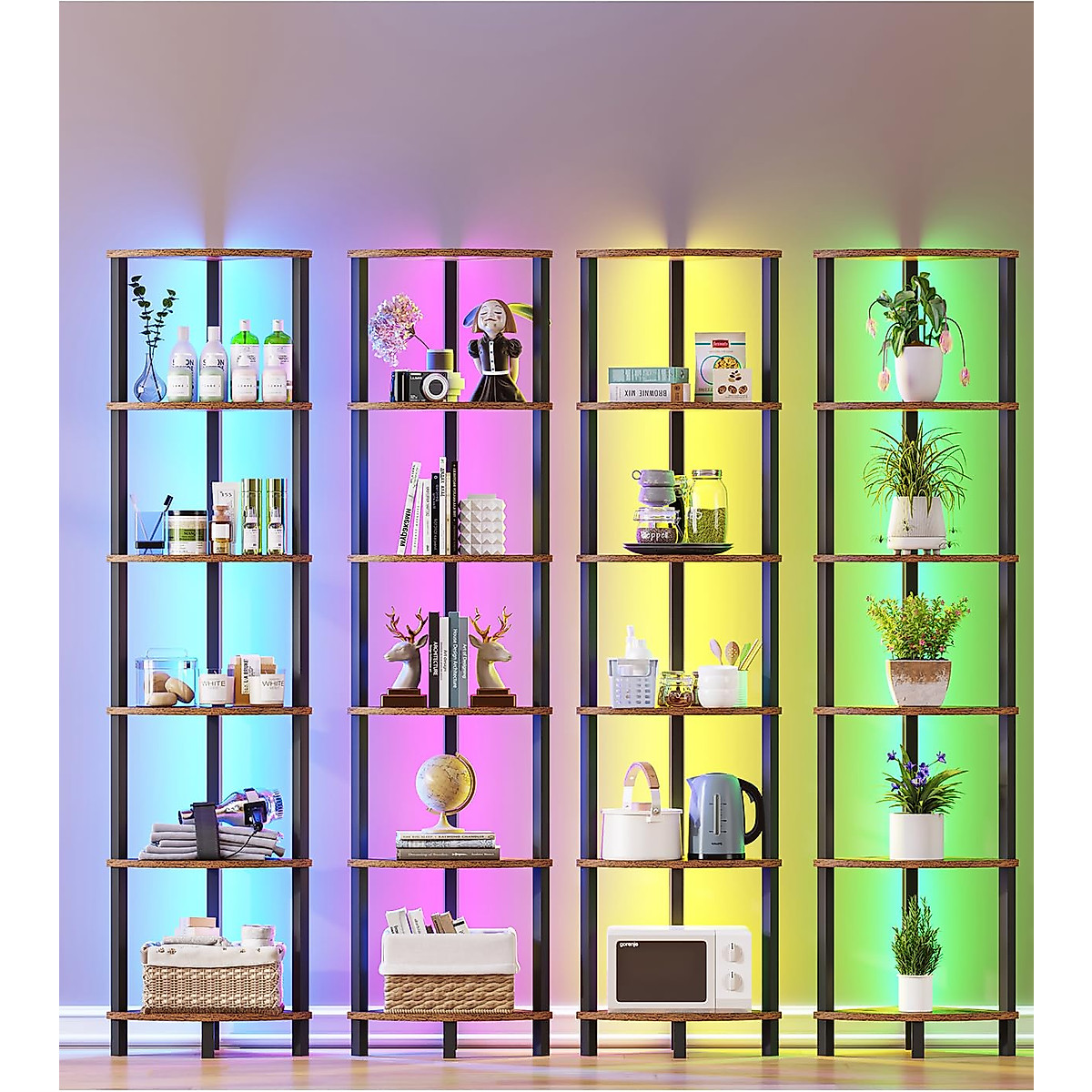 VIMBER 6-Tier Corner Shelf with LED Light, Industrial Corner Ladder Shelf, Rustic Display Shelf for Living Room, Bedroom, Kitchen, Home Office, Sturdy Frame, Rustic Brown and Black UJSJ002F