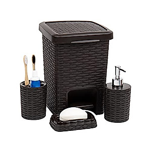 Mind Reader Basket Collection, 4 Piece Bathroom Set Includes: Square Wastepaper Pedal Basket, Toothbrush Holder, Liquid Soap Dispenser and Soap Dish, Wicker Style, Bathroom, 4 Piece Set, Brown