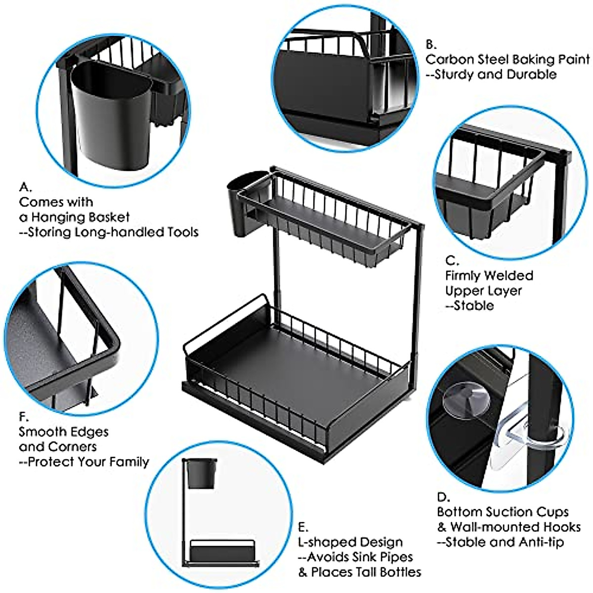 Gracenal Under Sink Organizer, Kitchen Organizers and Storage 1 Pack & Ribbed Glass Cups with Straws 12oz, Drinking Glasses Set of 4