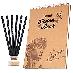 Panamoni Sketch Book, 9×12 inches Sketch Pad, 6 PCS Sketch Pencils and Eraser Included