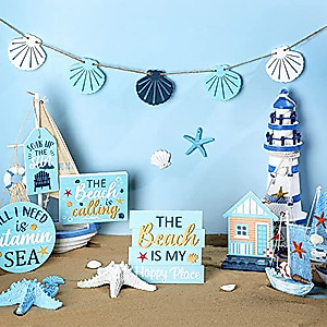 10 Pieces Tiered Tray Decor Farmhouse Mini Wood Signs Decorations for Bee Lemon Sunflower 4th of July Birthday Summer Party Decoration(Sea Style)