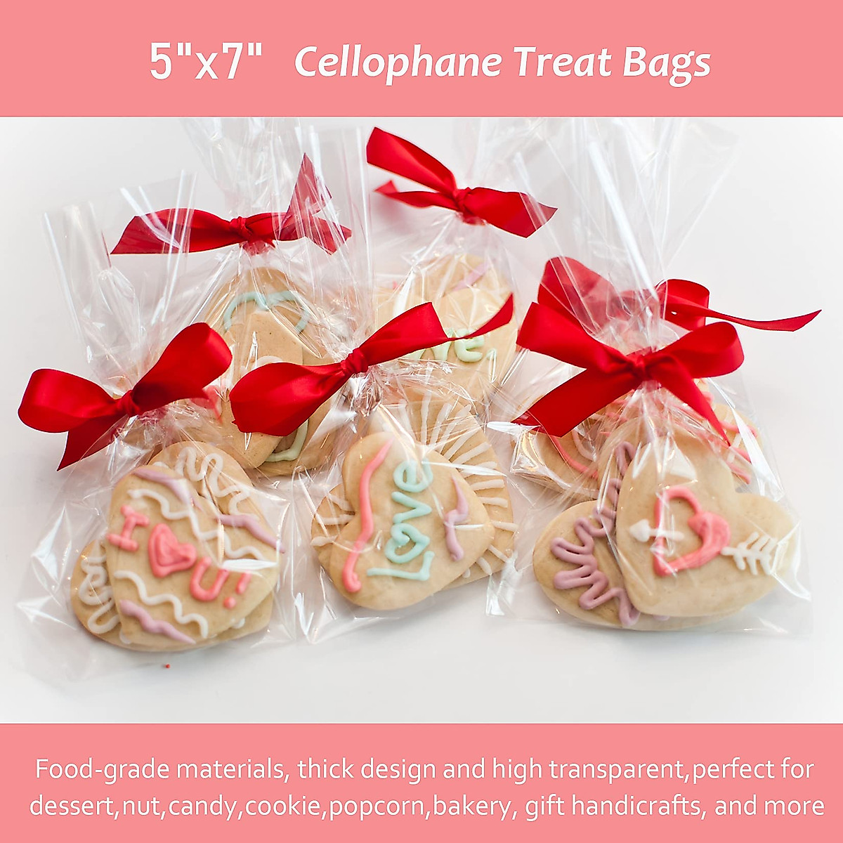 Yotelab Cellophane Treat Bags, 5x7 Inches Cookie Bags With Twist Ties,Clear Cello Treat Bags for Candy,100 Pcs Party Favor Bags