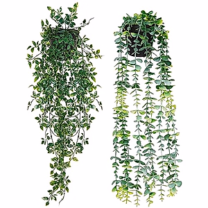 MARTINE MALL 2 Packs Artificial Hanging Plants Fake Hanging Plants, Small Potted Hanging Plants Fake Plants Mandala Hanging Vine Eucalyptus Vine for Shelf Home Office Bedroom Indoor Outdoor