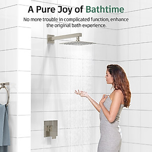 SunCleanse Shower Faucet Set with Valve, 8 Inch Square Shower Head and Handle Set, Single Handle Shower Trim Kit with Extra Long Shower Arm, Brushed Nickel