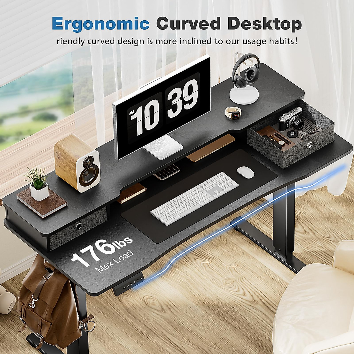DUMOS Electric Sti to Standing Desk with Drawer,40 x 24 in Ergonomic Computer Table with Splicing Board, Wire Hole and Hook for Workstation for Home, Black & Shelf