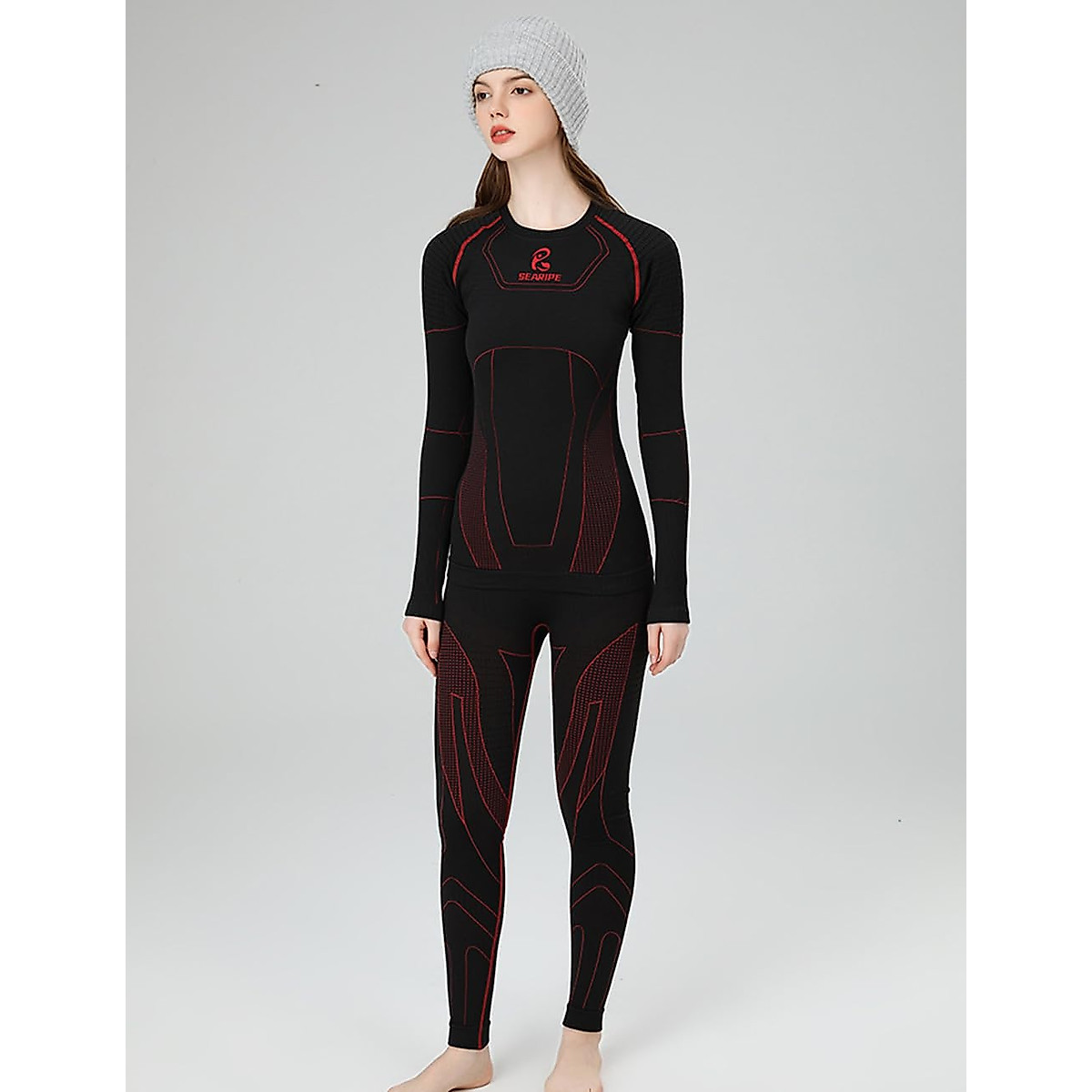 SEARIPE Women Thermal Underwear, Ski Base Layer - Long Sleeve Compression Tops & Long Johns Bottom Sets Quick Drying (SE111,W-BK,XS)