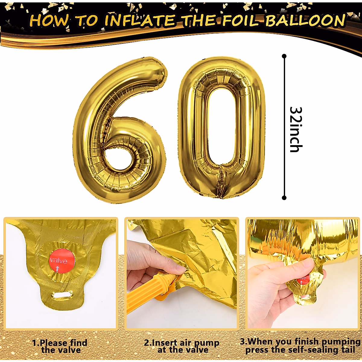 60th Birthday Decorations for Men Women, Black and Gold 60th Birthday Balloons Set Party Decorations with Happy 60th Birthday Decorations Banner，Black Gold Decor for 60th Birthday Party