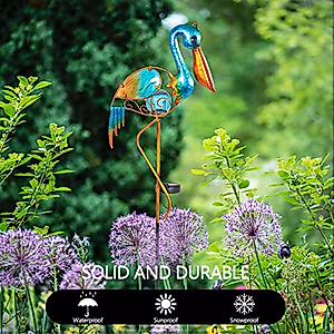 Asense Garden Solar Lights Pathway Stake Outdoor Metal Sculpture Art Decor, Solar Powered LED Lights for Lawn Patio Courtyard, Blue Flamingo with Crackle Glass Ball