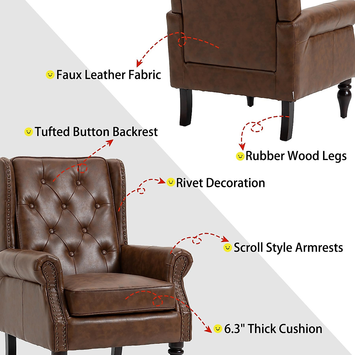 Homtique Faux Leather Accent Chair, Modern Living Room Chairs, Button Tufted Wingback Armchair with Wood Legs, Upholstered Bedroom Chair with Rivet Decoration, Leisure Reading Chair, Brown