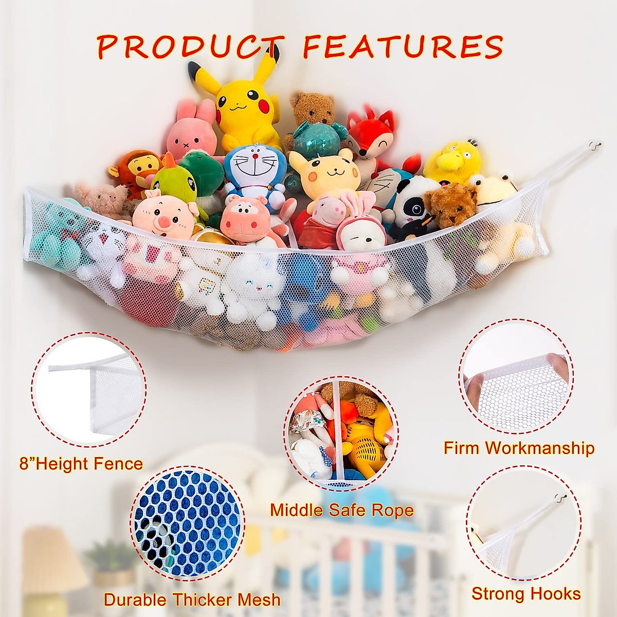 X-Large Stuffed Animal Net Hammock Corner (Min 3’6” Right-angled Corner Space Each Side) Toy Organizer for Plushies Hanging Holder for Organizing your Teddy and Squishmallow (White, X-Large)