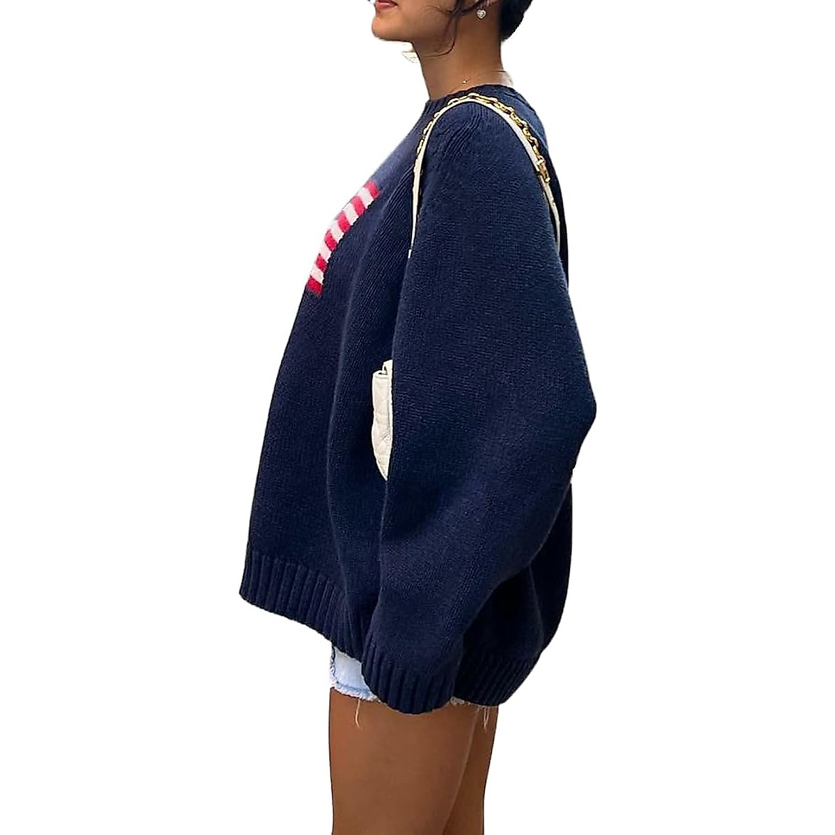 Y2k Vintage Sweater Long Sleeve Crew Neck Loose Knit Pullover American Flag Sweatshirt Preppy Striped Sweater