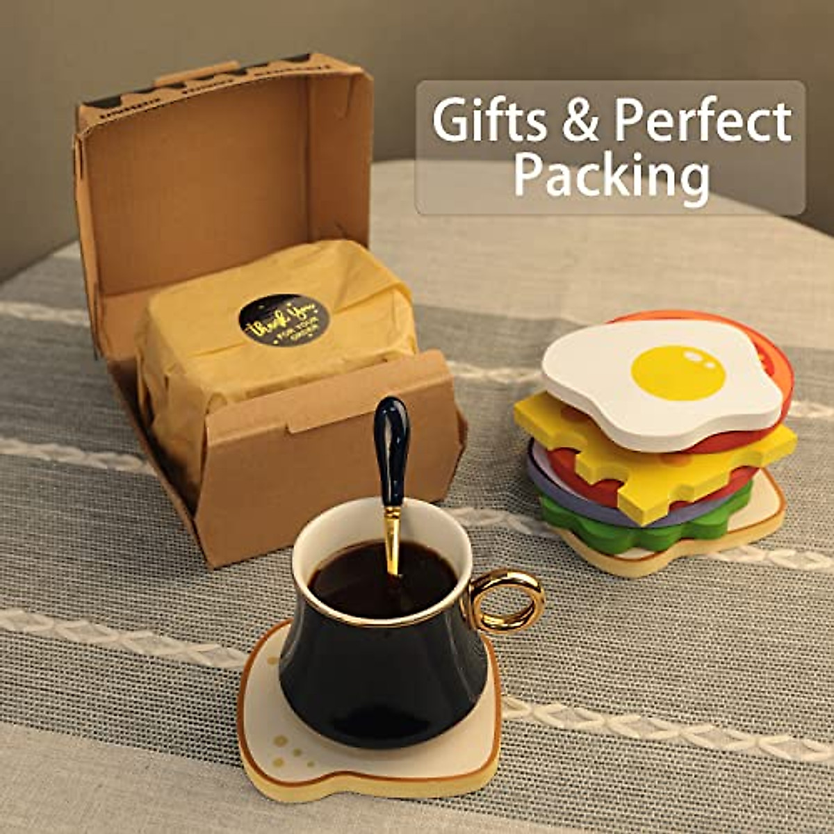 Sandwich Coasters for Drinks, Sets of 8 Funny Wood Coasters with Non-Slip Pads, Cute Coasters for Coffee Table Wooden Table, Unique Birthday Housewarming Gifts, Office Home Desk Decor 4 Inch